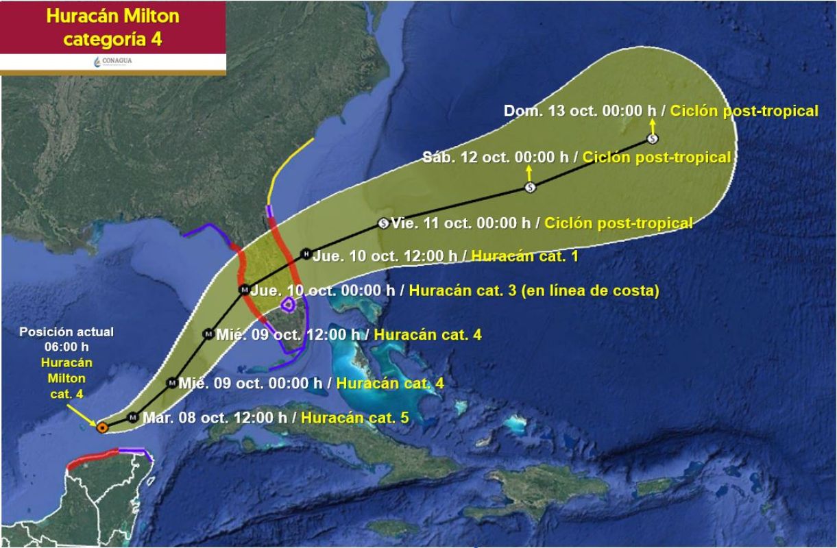 Centro del Huracán Milton pasa a 120 km de Yucatán como categoría 4; lluvias en 5 estados